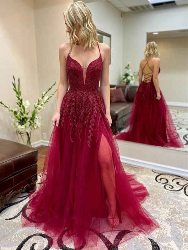 A Line V Neck Backless Lace Long Burgundy Prom with Leg Slit, Backless ...