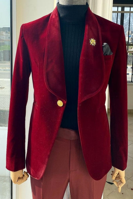 Burgundy Shawl Lapel Two Pieces Slime Fit Velvet Wedding Suits One But ...