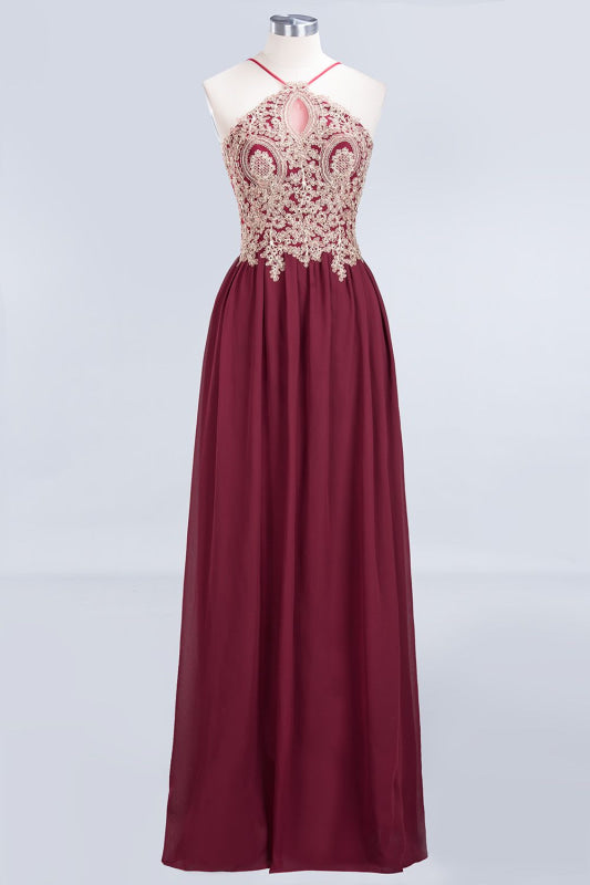 Chic Halter Burgundy Backless Bridesmaid Dress with Appliques — Bridelily