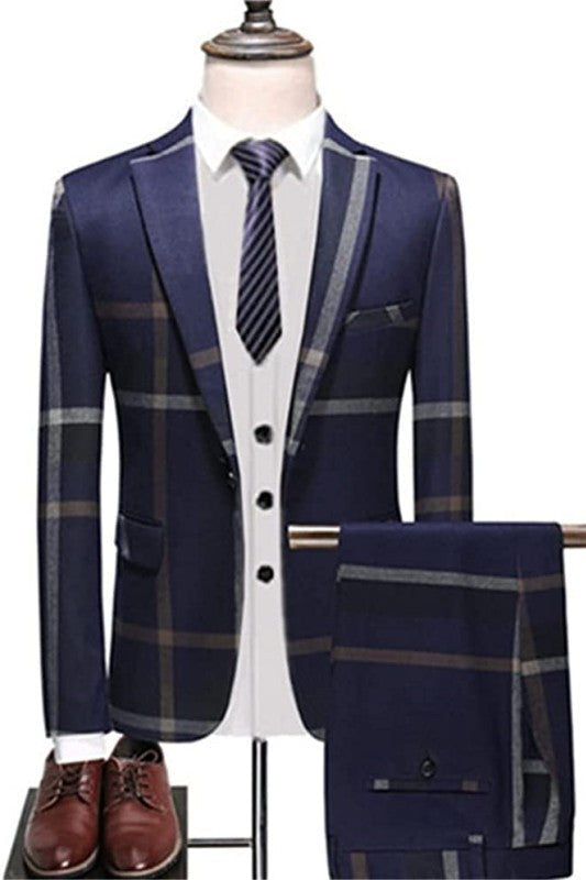 Chic Navy Blue Plaid Peaked Lapel Business Suits Two Piece Prom Suits ...
