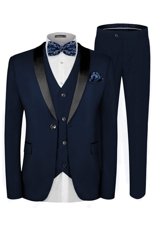 Chic Navy Blue Shawl Lapel Three Pieces Wedding Suits One Button Tuxed ...