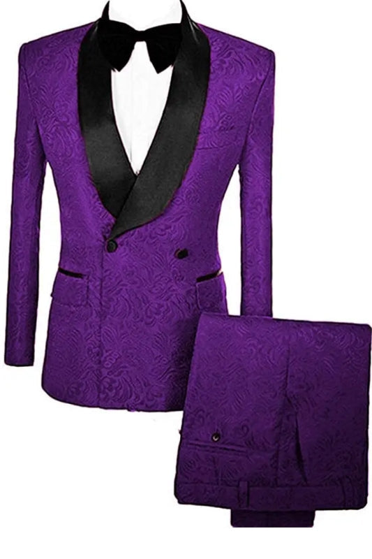 Chic Purple Double Breasted Floral Jacquard Wedding Suits Velvet Lapel ...