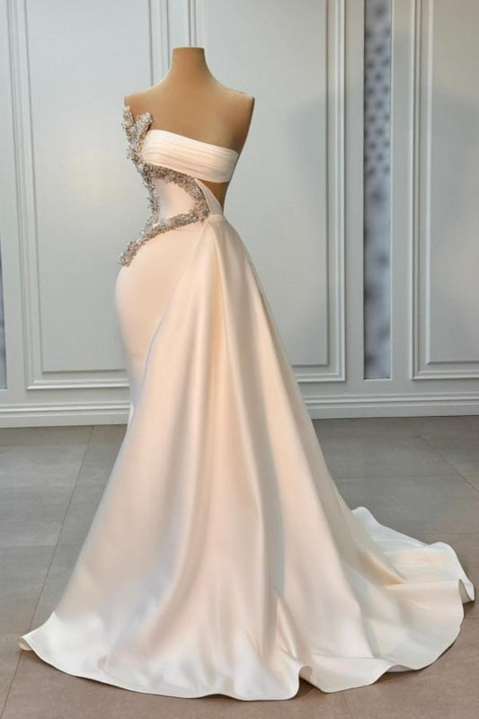Chic Strapless Sleeveless Waist Hollow Beaded Empire Ruched Satin Prom ...