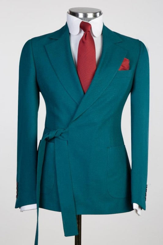 Chic Teal Blue Notched Lapel Two Pieces Prom Suits with Belt Slim Fit ...