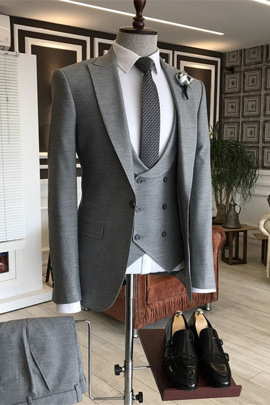 Deep Gray Peaked Lapel Slim Fit Three Pieces Business Suits Groomsmen ...
