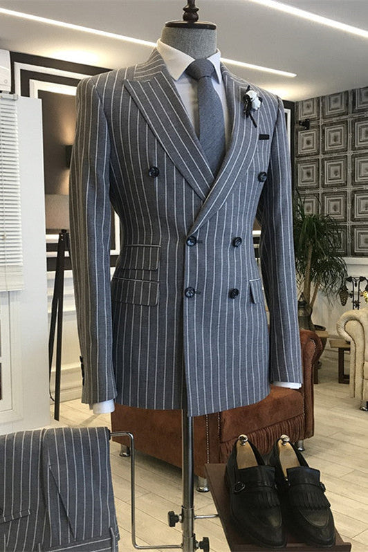 Deep Gray Striped Peaked Lapel Formal Business Suits-Bridelily
