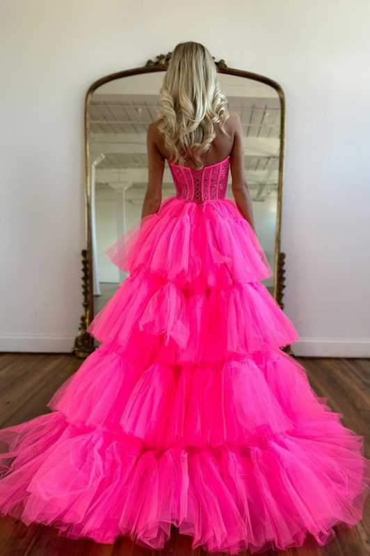 Elegant Rose Prom Dress With Sleeveless Gown and Tulle Train — Bridelily