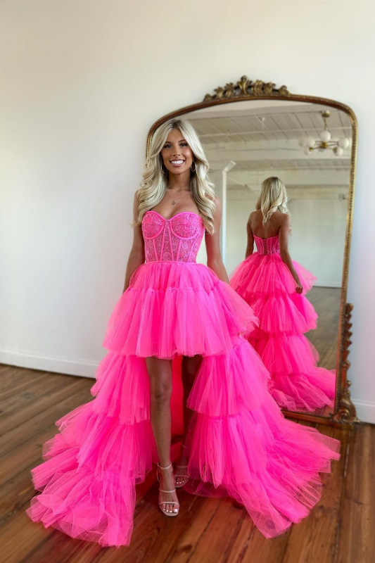 Elegant Rose Prom Dress With Sleeveless Gown and Tulle Train — Bridelily