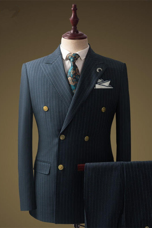 Formal Dusty Blue Double Breasted Peaked Lapel Business Suist Two Piec ...