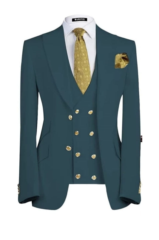 Formal Teal Peaked Lapel Three Pieces Business Suits for Men Slim Fit ...
