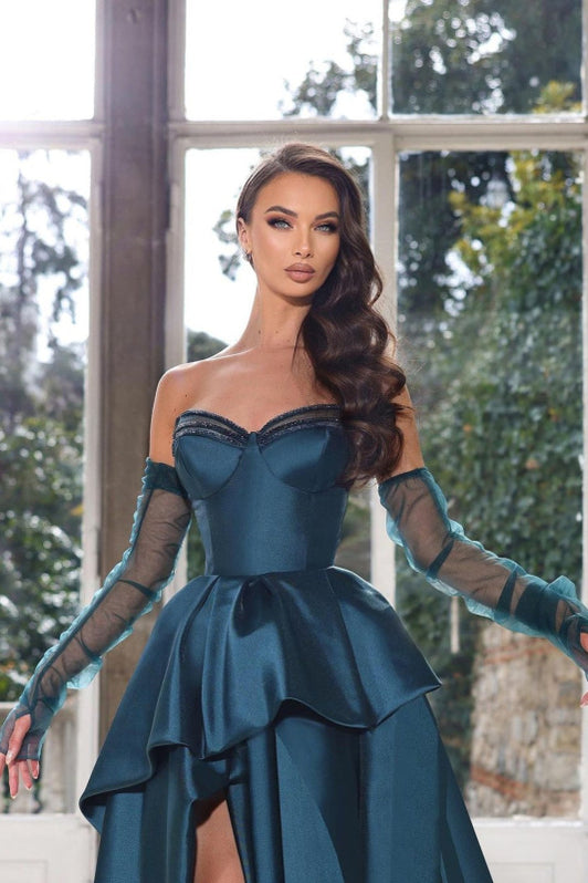 Glamorous Ink Blue Half Sleeves Prom Dress with Strapless High Slit Go ...