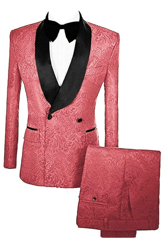 Glamorous Watermelon Double Breasted Floal Jacquard Wedding Suits Velv ...