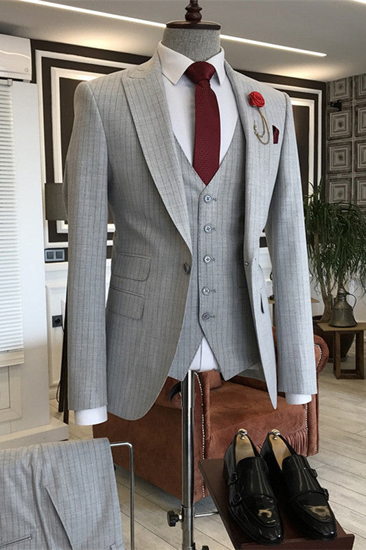 Gray Striped Peaked Lapel Three Pieces Men Business Suits One Button P ...