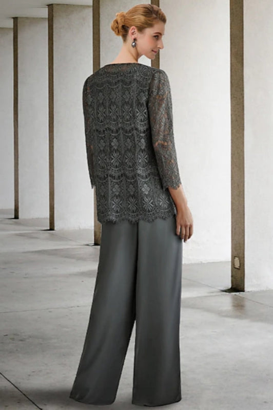 Lace Mother of the Bride Pant Suit 3 Piece Chiffon Set-Bridelily