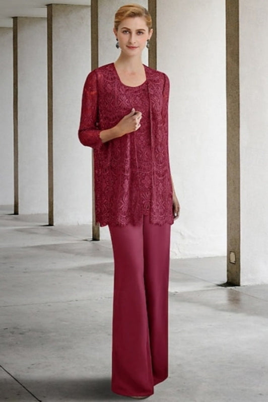 Lace Mother of the Bride Pant Suit 3 Piece Chiffon Set-Bridelily