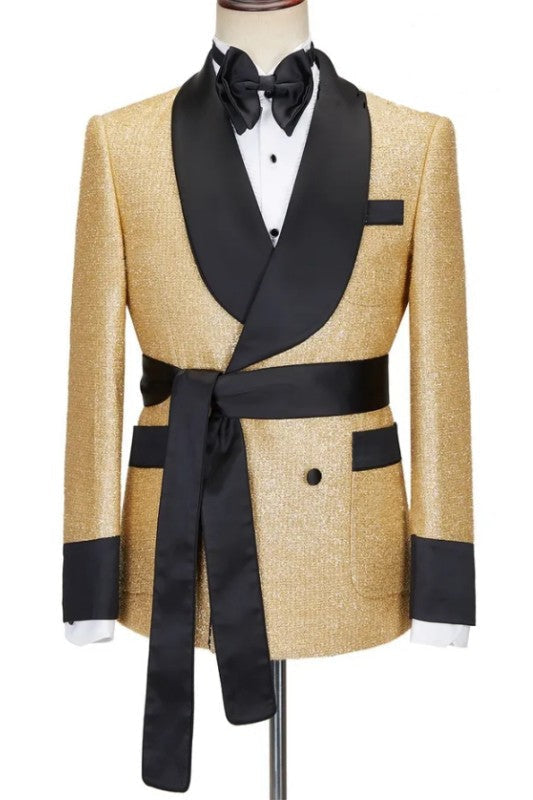 Modern Gold Two Piece Double Breasted Prom Suits with Lace Up Black Sh ...