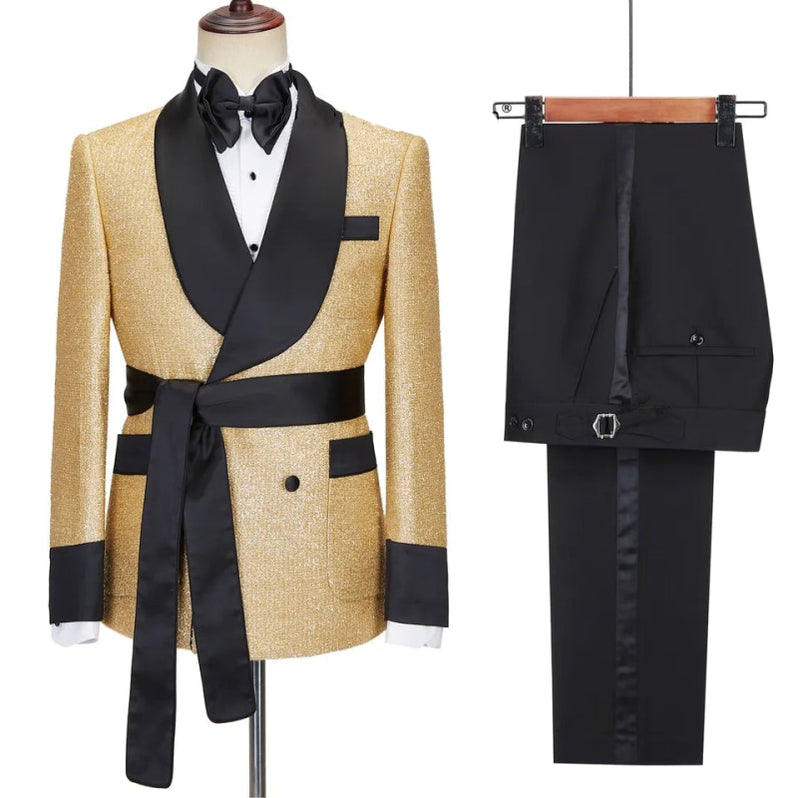 Modern Gold Two Piece Double Breasted Prom Suits with Lace Up Black Sh ...