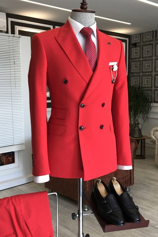 Modern Red Double Breasted Prom Suits with Peaked Lapel Formal Busines ...