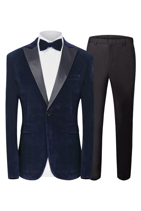 Navy Blue Two Pieces Velvet Prom Suits For Men with Peaked Lapel ...