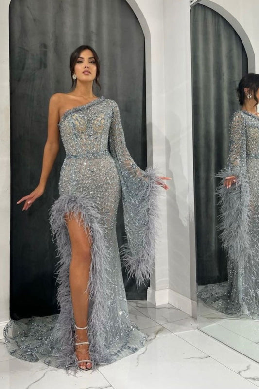 Opulent Feathered One-Shoulder Prom Gown with Intricate Beadwork ...