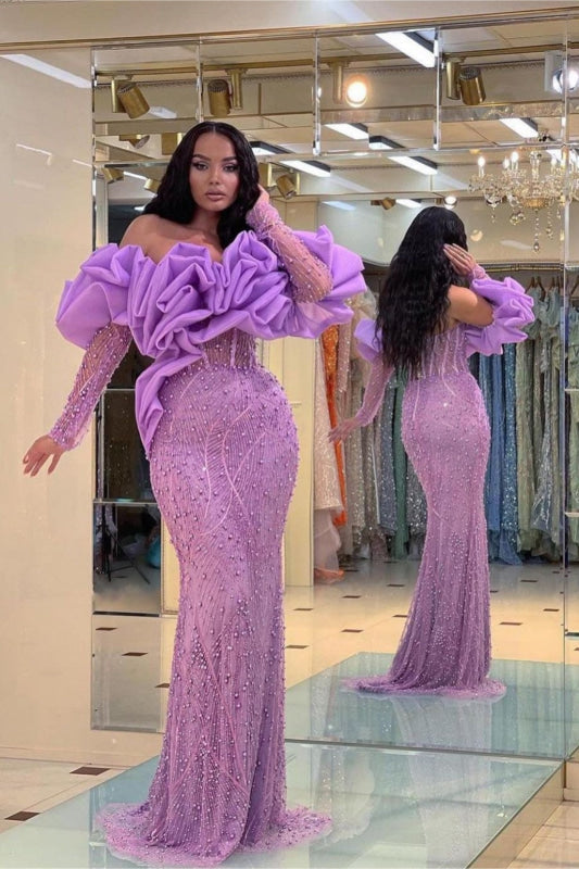 Purple Bubble Sleeves Long Strapless Prom Dress with Sequins and Beadi ...