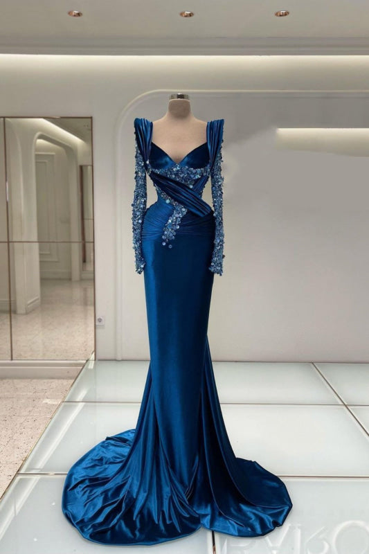 Royal Blue Mermaid Prom Dress with Elegant Long Sleeves and Sparkling ...