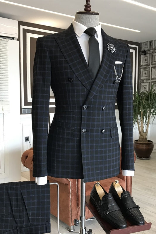 Simple Black Double Breasted Business Suits With Peaked Lapel Gray Pla ...