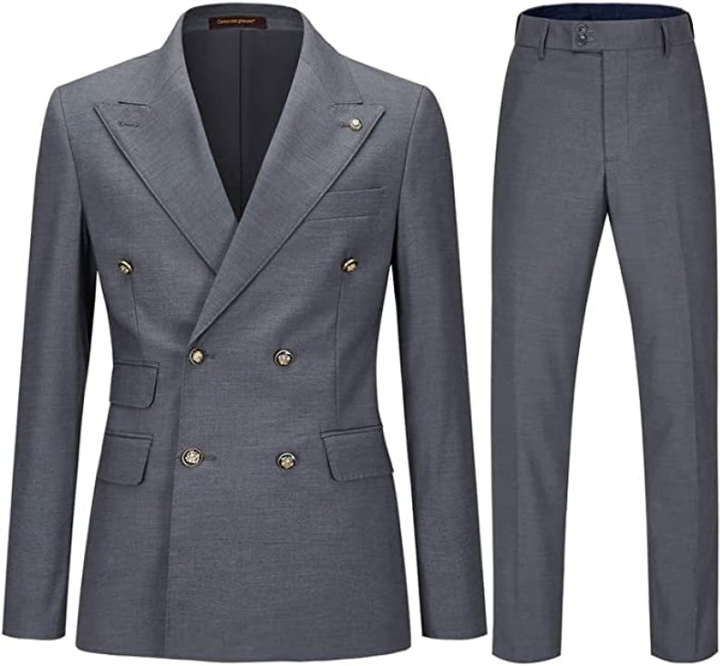 Simple Gray Double Breasted Business Suits for Men Slim Fit Peaked Lap ...