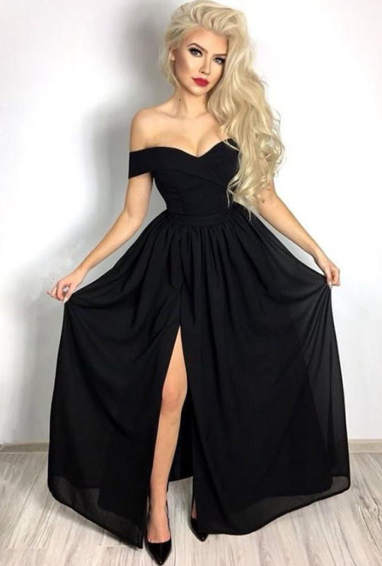Sleek Midnight Off-the-Shoulder Prom Gown — Bridelily