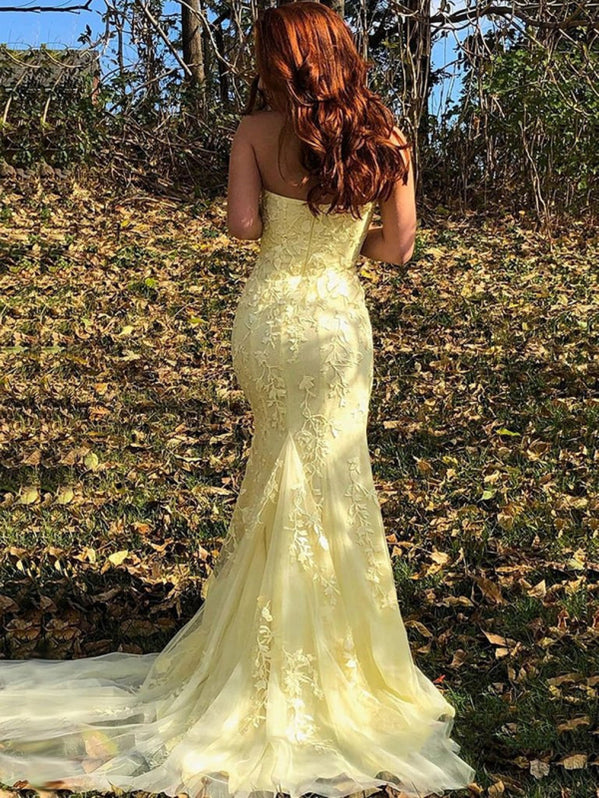 Strapless Mermaid Daffodil Lace Long Prom Dress Front Slit-Bridelily