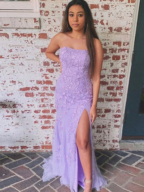 Strapless Mermaid Daffodil Lace Long Prom Dress Front Slit-Bridelily