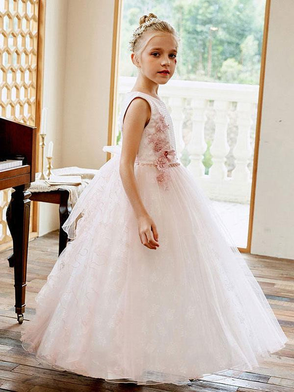A-Line Sash Flower Girl Dresses Jewel Neck Lace Sleeveless Kids Social ...
