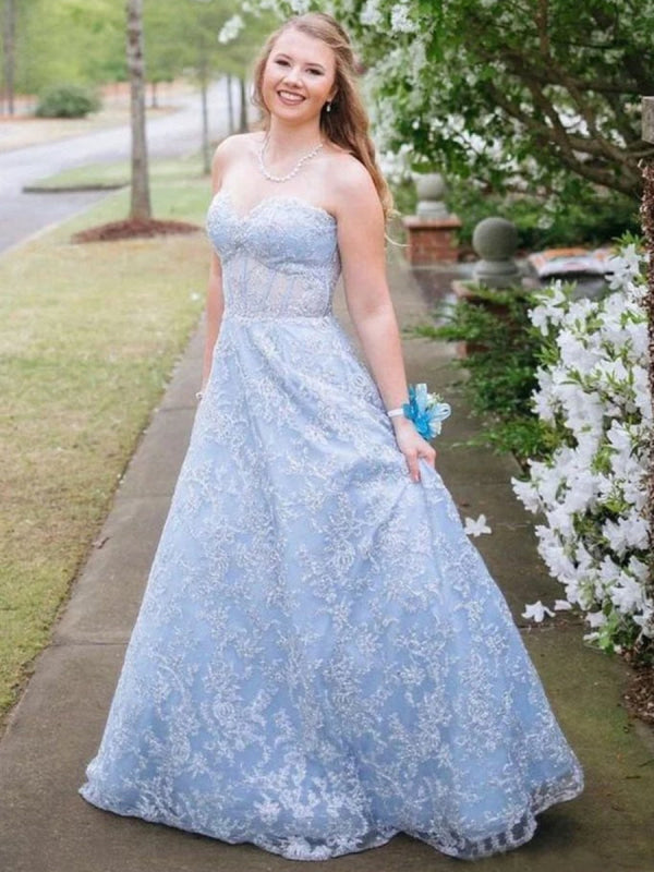 A Line Sweetheart Neck Strapless Light Blue Lace Long Prom, Light Blue ...