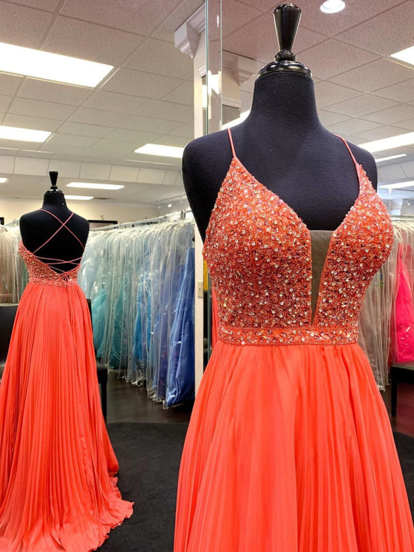 A Line V Neck Backless Beaded Orange Chiffon Long Prom, Orange Formal ...