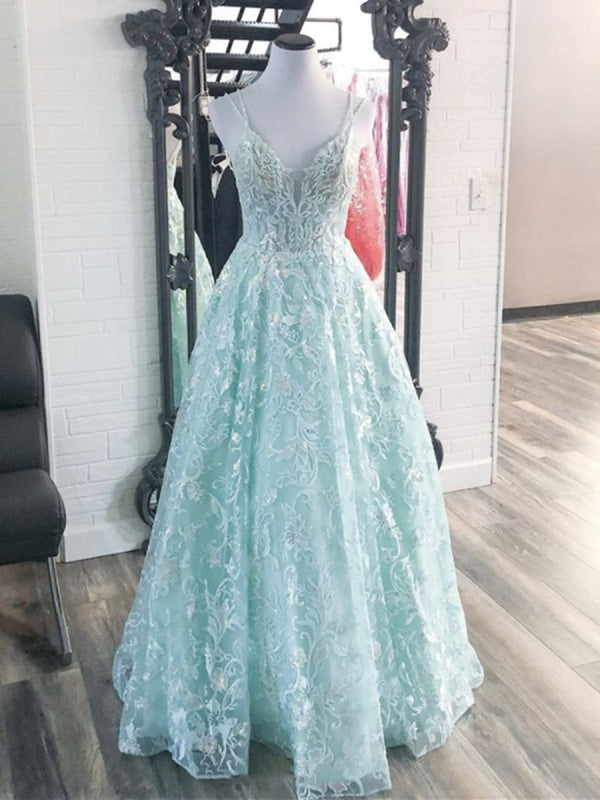 A Line V Neck Backless Blue Lace Long Prom, Backless Blue Formal, Blue ...