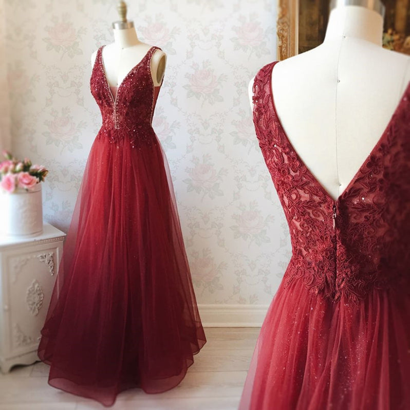 A Line V Neck Lace Burgundy Tulle Long Prom, V Neck Burgundy Lace Form ...
