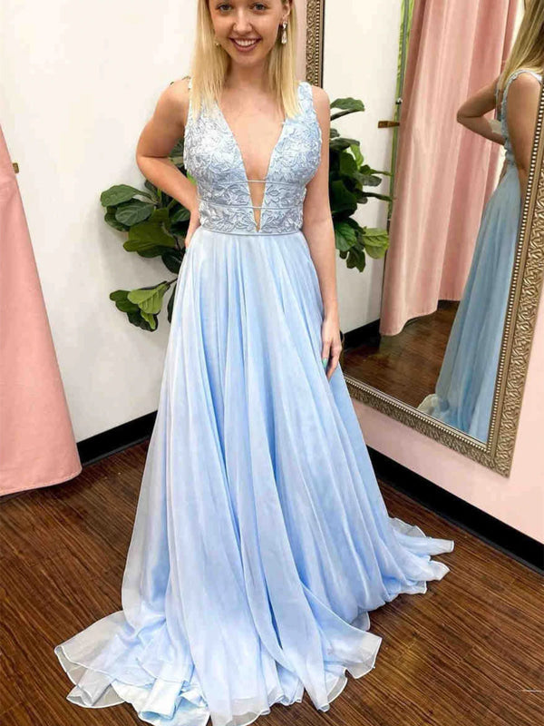 A Line V Neck Light Blue Lace Long Prom Dresses, Light Blue Lace Forma — Bridelily
