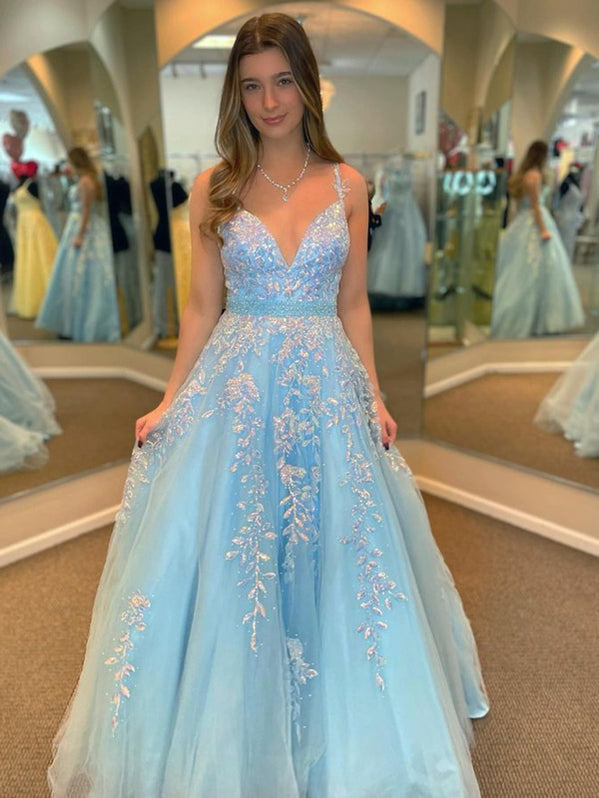 A Line V Neck Open Back Beaded Blue Lace Long Prom Dresses with Belt ...