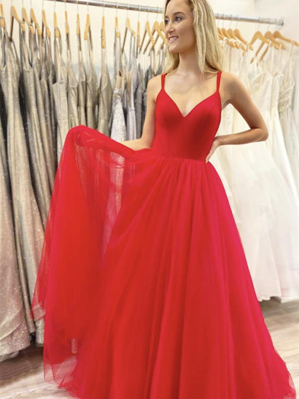 A Line V Neck Red Chiffon Long Prom, Red Long Formal Graduation Evenin ...
