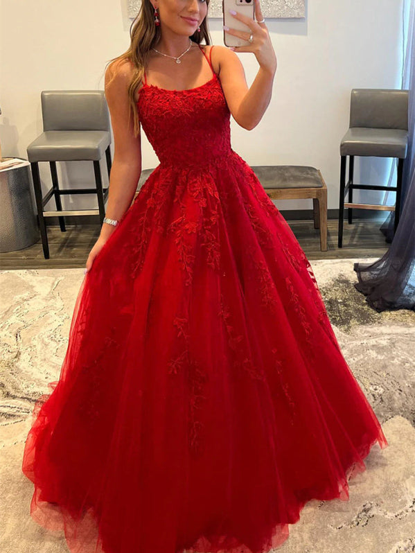 Backless Red Tulle Lace Long Prom Dresses, Red Lace Formal Evening Dre ...