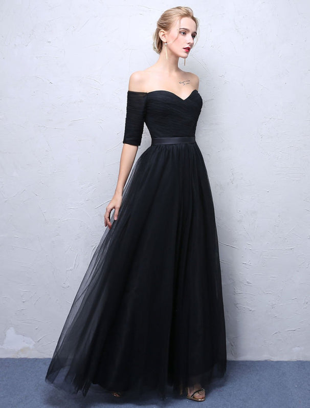 Black Prom Dresses 2021 Long Off The Shoulder Evening Dress Half Sleev ...