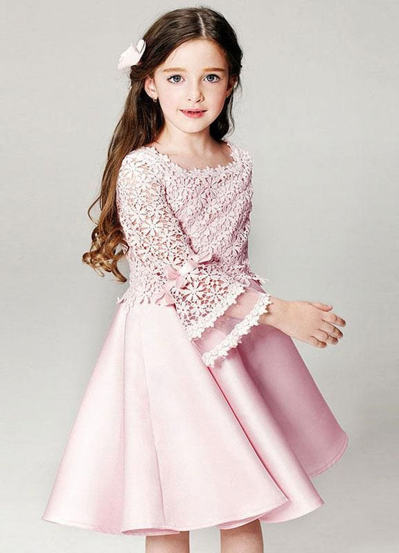 Boho Princess Lace Satin Bell Long Sleeve Flowers Knee Length Pageant ...