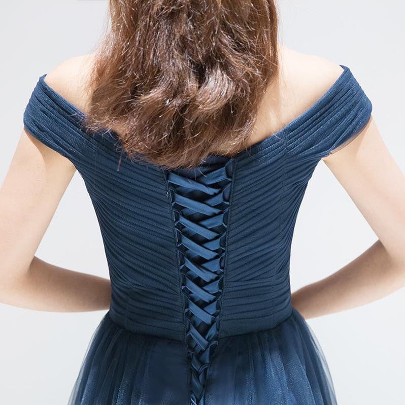 Custom Made Off Shoulder Tulle Navy Blue Long Prom, Navy Blue Formal ...
