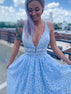 Deep V Neck Light Blue Lace Long Prom Dresses, Light Blue Lace Formal — Bridelily