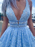 Deep V Neck Light Blue Lace Long Prom Dresses, Light Blue Lace Formal — Bridelily