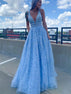 Deep V Neck Light Blue Lace Long Prom Dresses, Light Blue Lace Formal — Bridelily