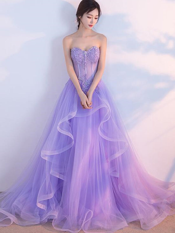 Elegant Strapless Open Back Purple Lace Long Prom Dresses, Purple Lace ...