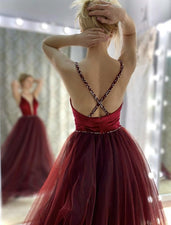 Elegant V Neck Backless Burgundy Long Prom, V Neck Wine Red Formal Gra ...