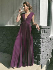 Elegant V Neck Purple Pleated Chiffon Long Prom, V Neck Purple Formal ...