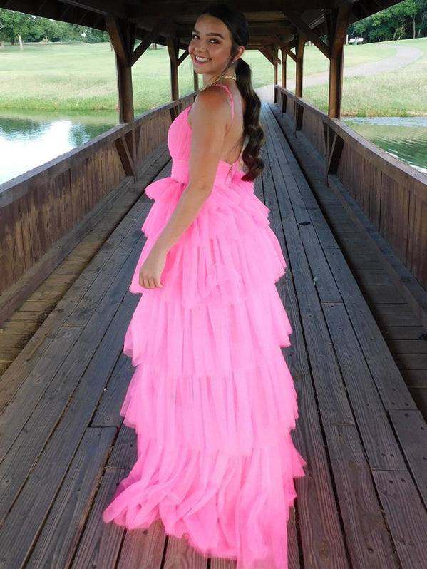 Fashion Open Back Layered Pink Long Prom Dresses, Pink Formal Graduati ...